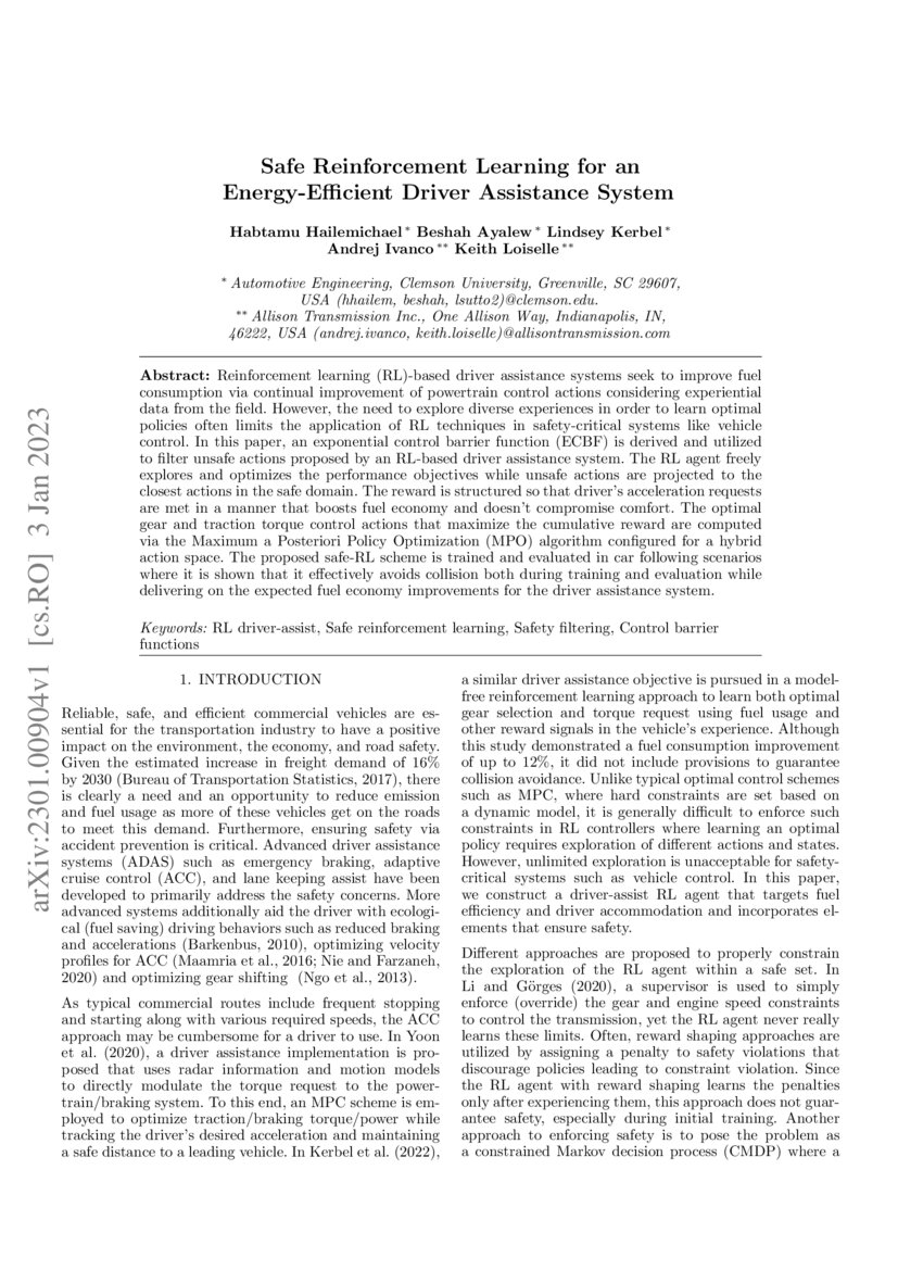 Safe Reinforcement Learning For An Energy Efficient Driver Assistance
