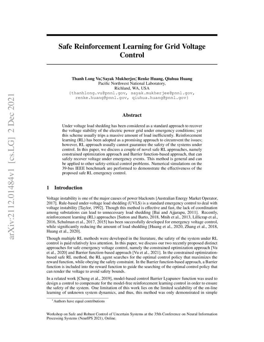 Safe Reinforcement Learning for Grid Voltage Control | DeepAI