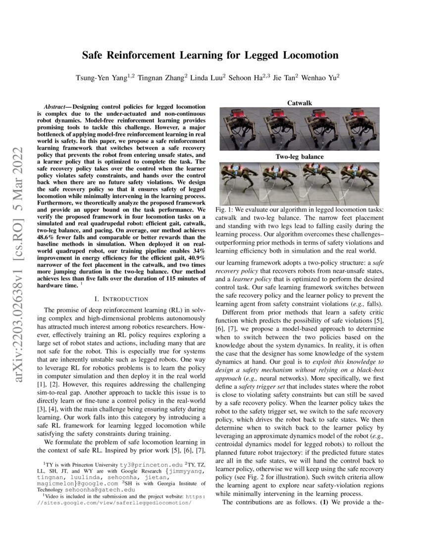 Safe Reinforcement Learning for Legged Locomotion | DeepAI