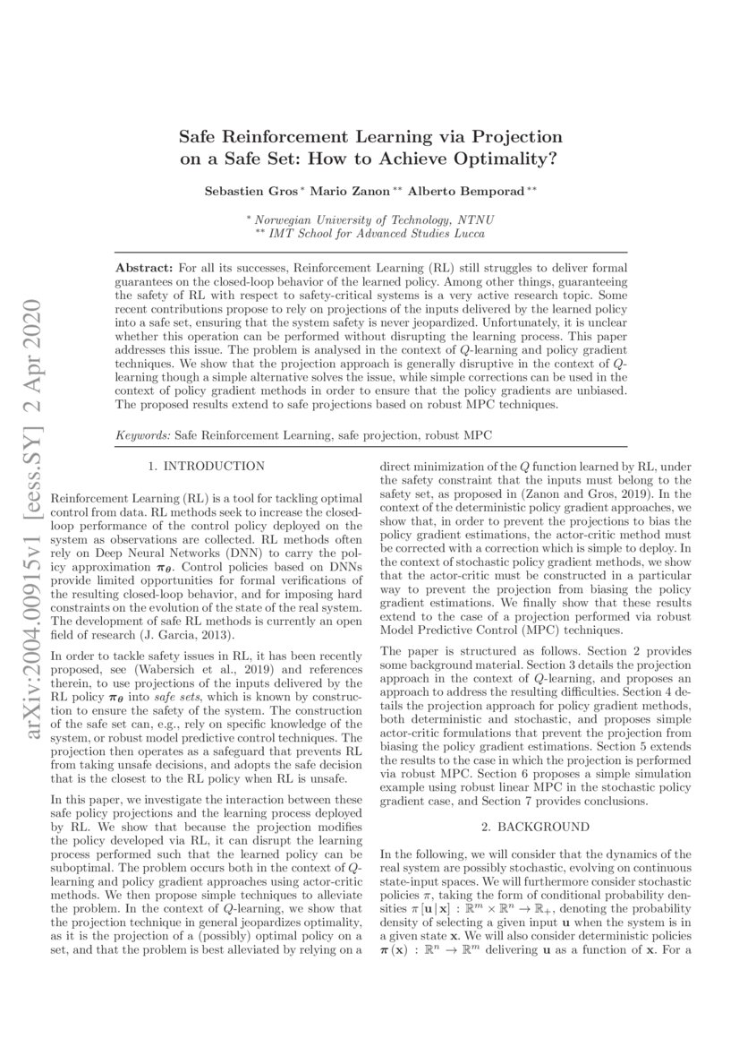 Safe Reinforcement Learning via Projection on a Safe Set: How to ...