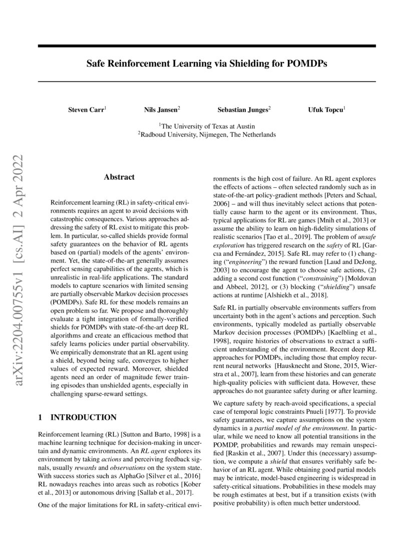 Safe Reinforcement Learning Via Shielding For Pomdps Deepai