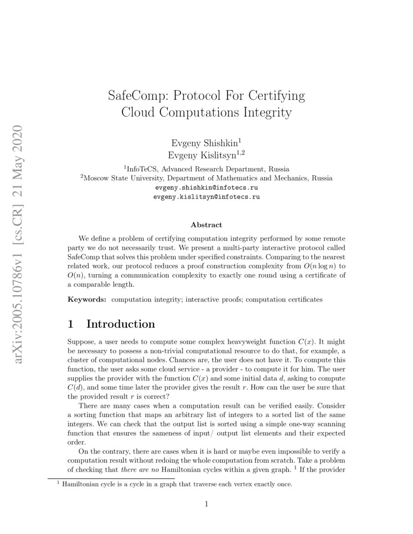Safecomp Protocol For Certifying Cloud Computations Integrity Deepai