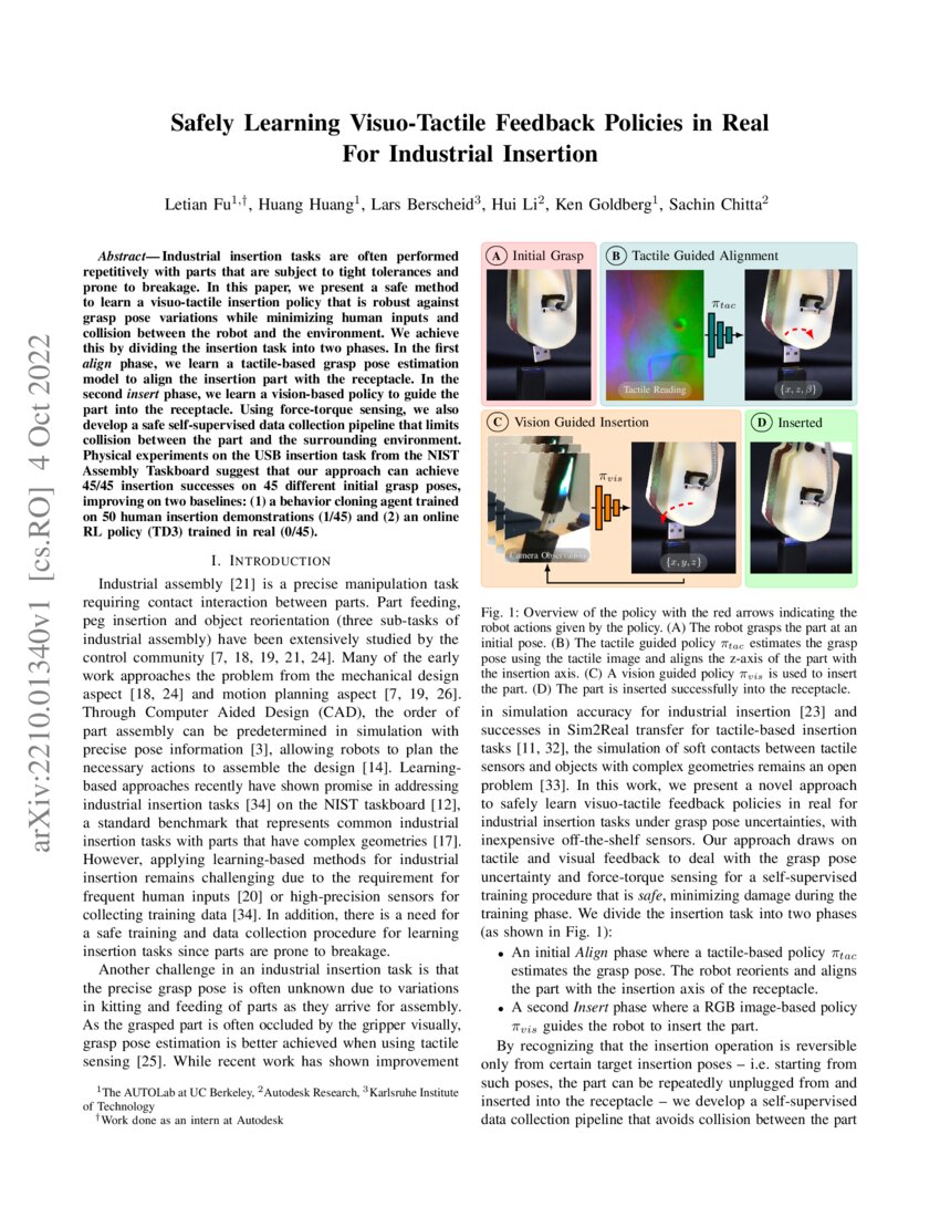 Safely Learning Visuo Tactile Feedback Policies In Real For Industrial Insertion Deepai