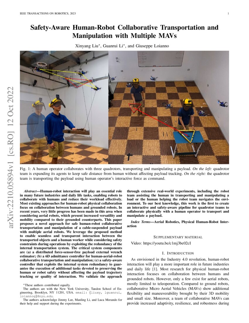 Safety Aware Human Robot Collaborative Transportation And Manipulation With Multiple Mavs Deepai