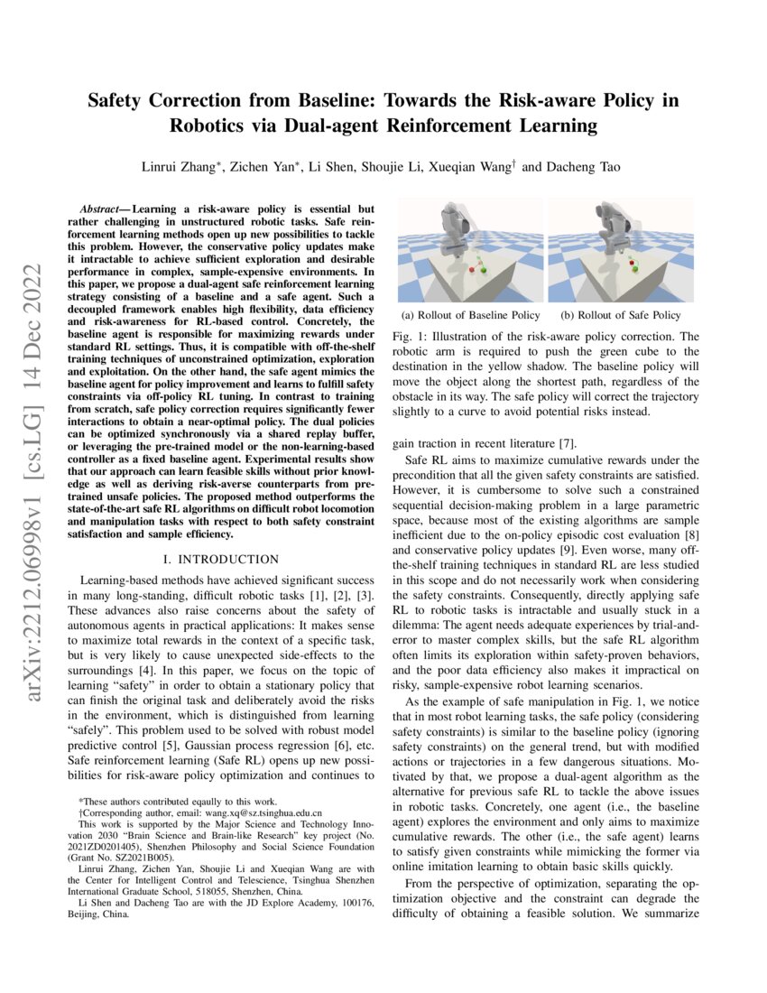Safety Correction From Baseline Towards The Risk Aware Policy In Robotics Via Dual Agent