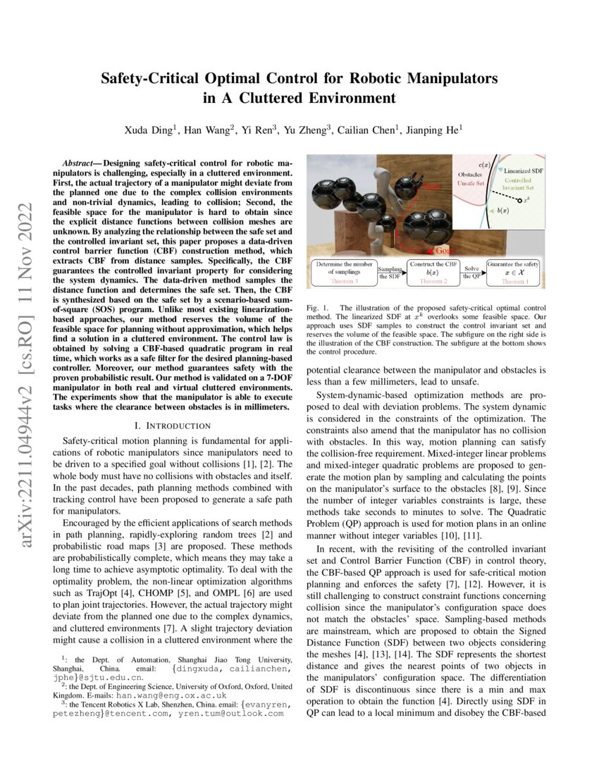 Safety Critical Optimal Control For Robotic Manipulators In A Cluttered Environment Deepai