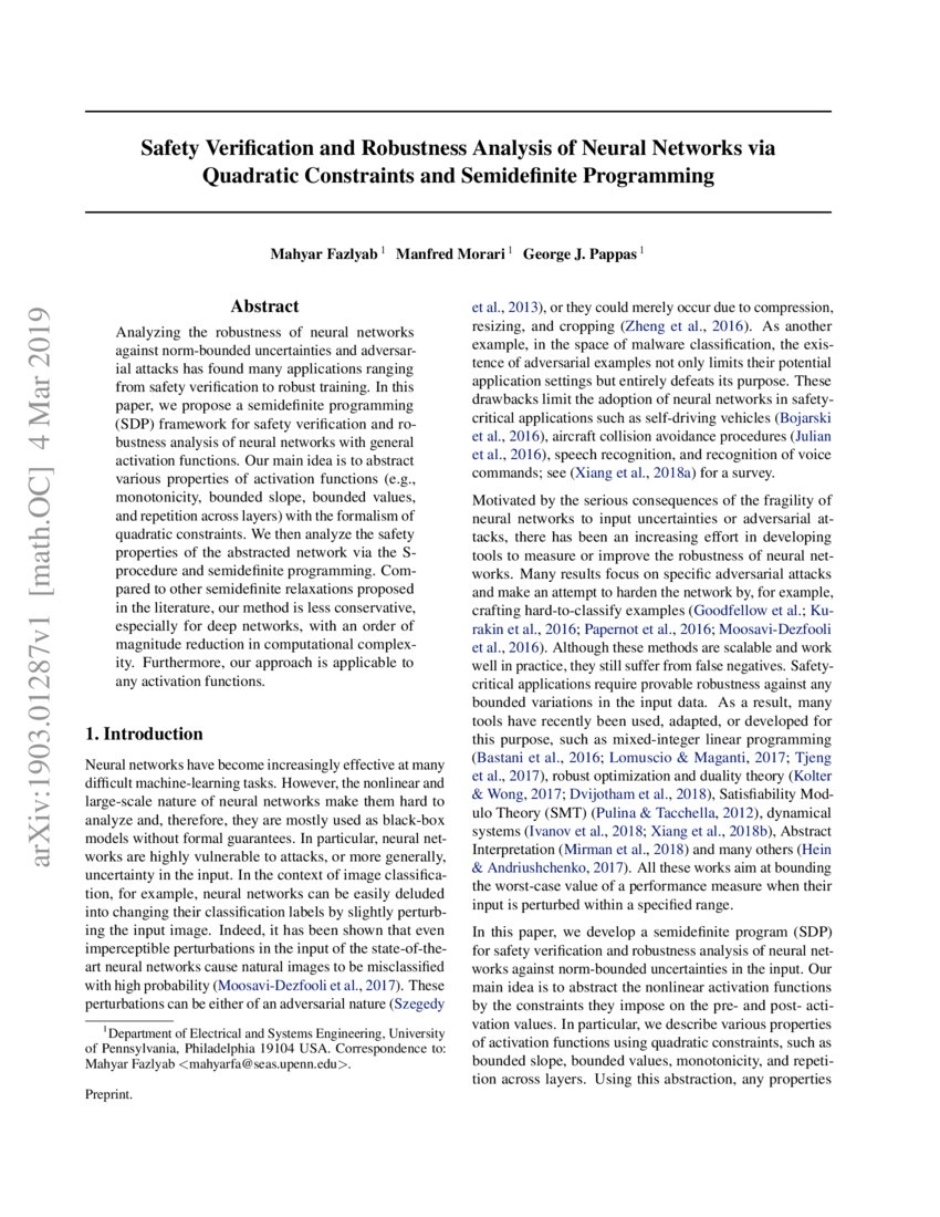 Safety Verification And Robustness Analysis Of Neural Networks Via Quadratic Constraints And