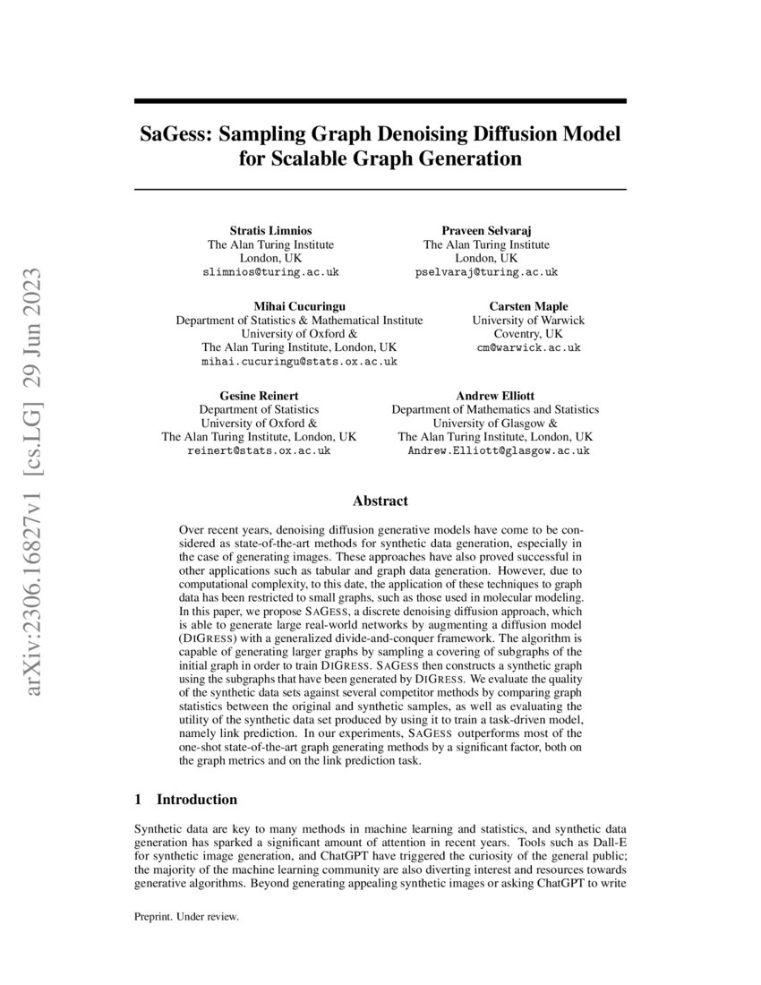 Sagess Sampling Graph Denoising Diffusion Model For Scalable Graph Generation Deepai