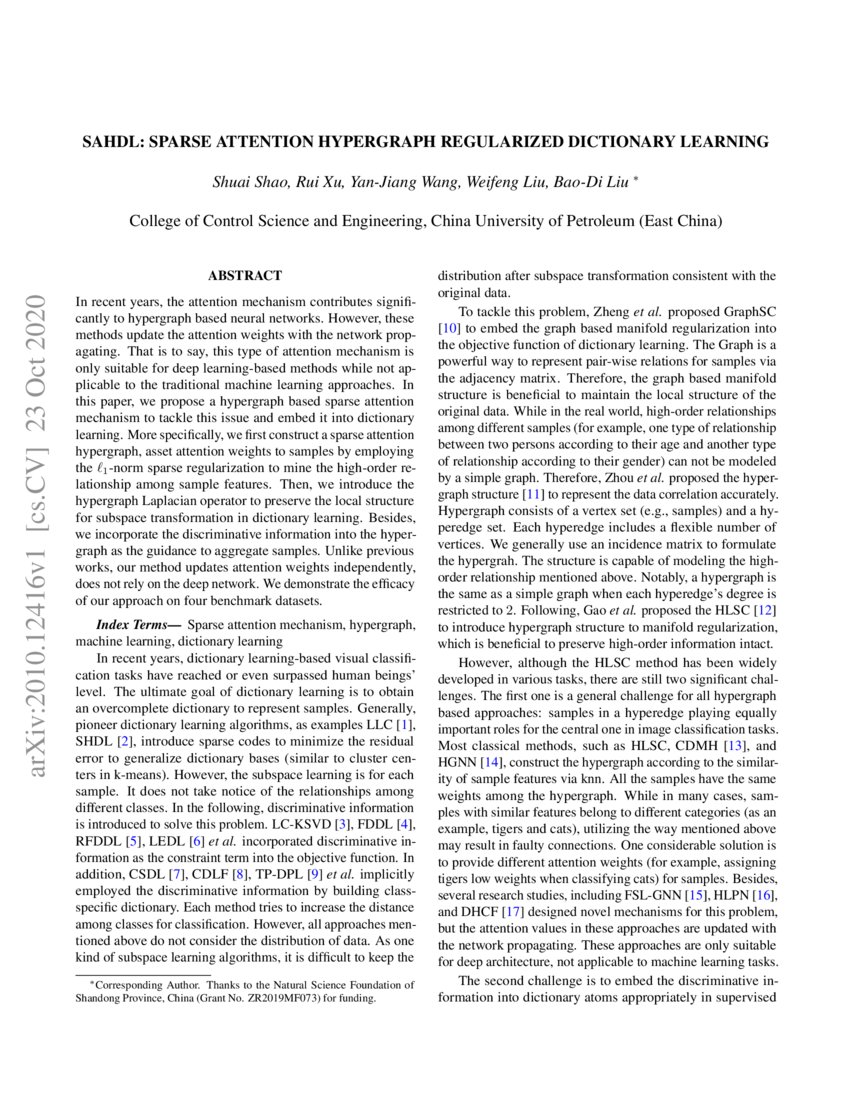 SAHDL: Sparse Attention Hypergraph Regularized Dictionary Learning | DeepAI