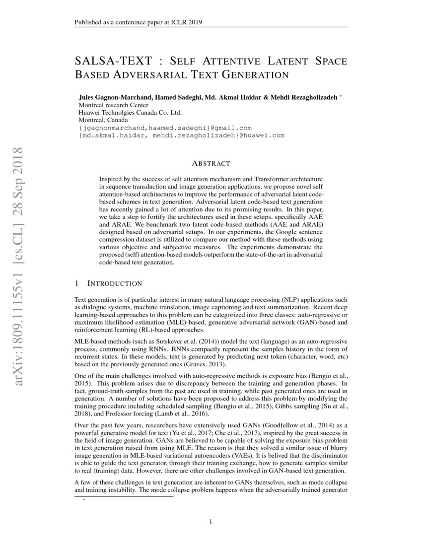 SALSA-TEXT : self attentive latent space based adversarial text generation | DeepAI
