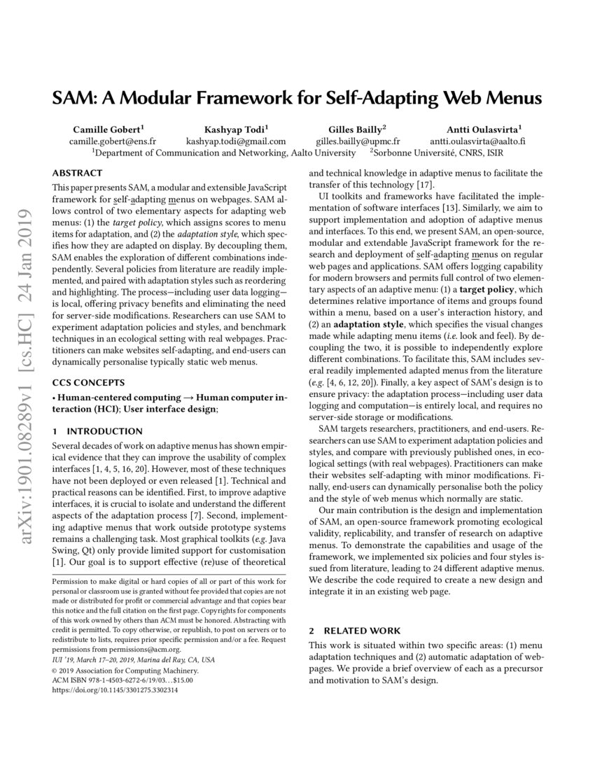 Sam A Modular Framework For Self Adapting Web Menus Deepai