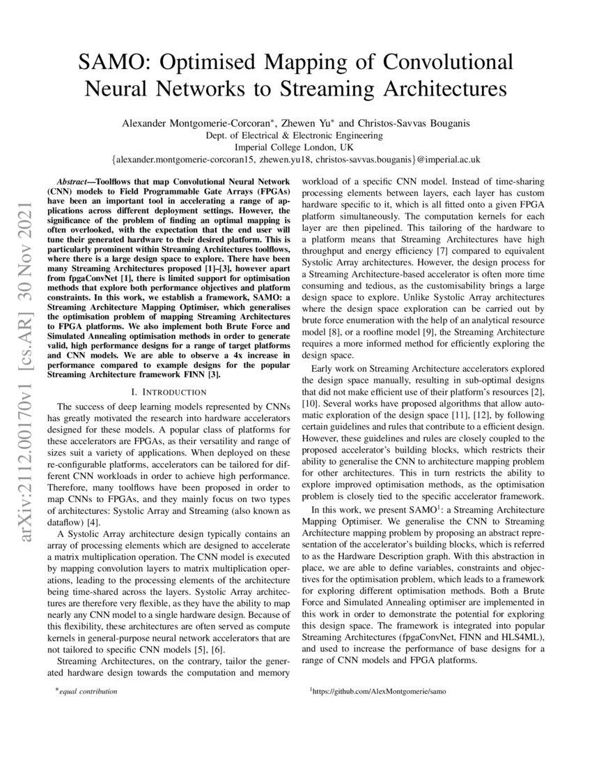 Samo Optimised Mapping Of Convolutional Neural Networks To Streaming Architectures Deepai