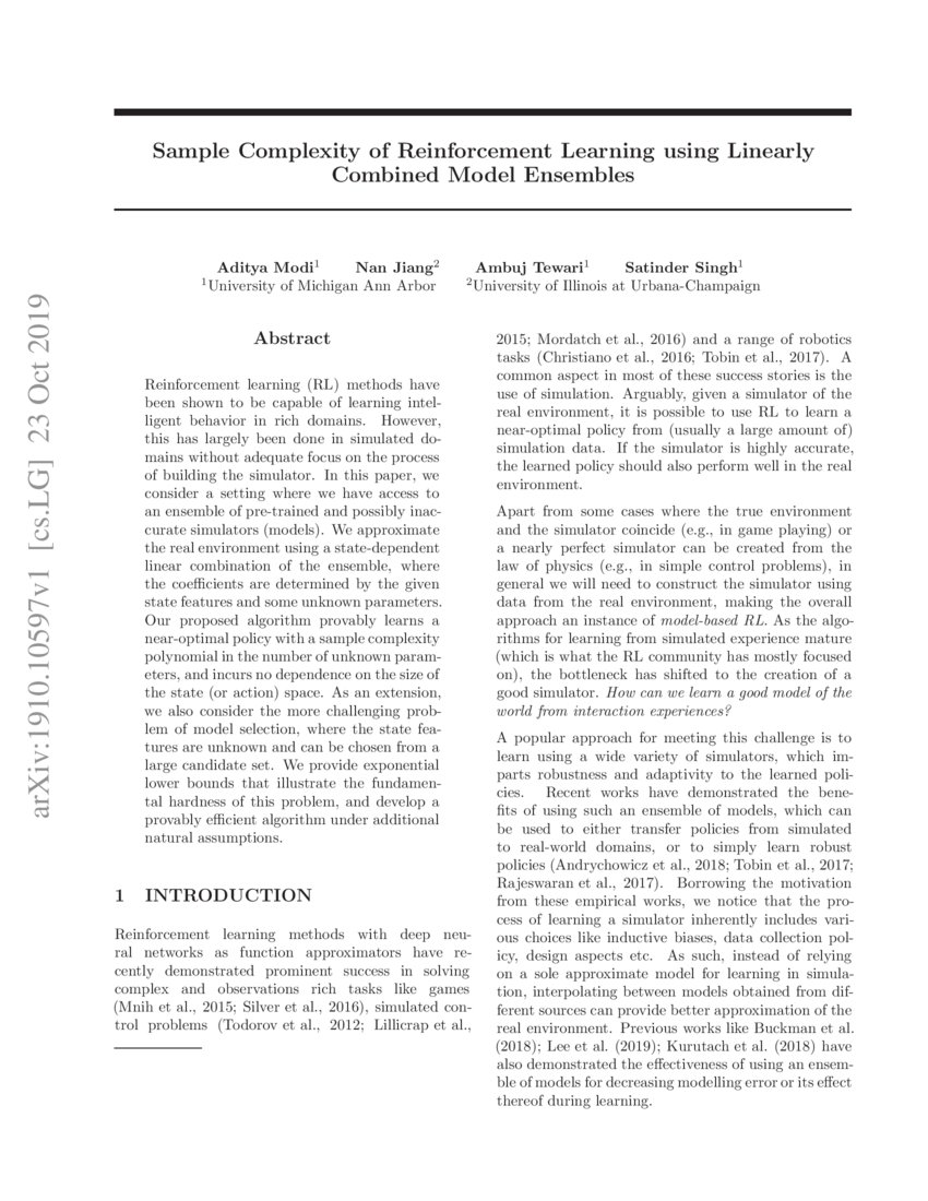 Sample Complexity of Reinforcement Learning using Linearly Combined Model Ensembles | DeepAI