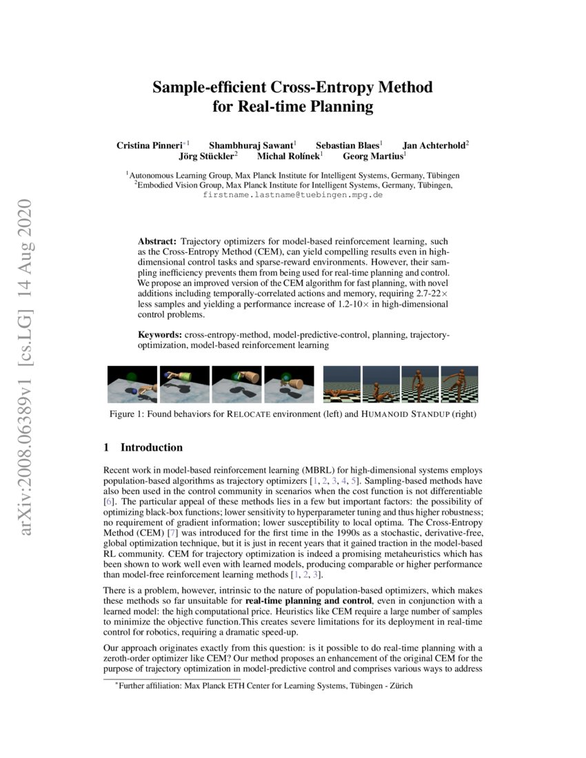 Sample Efficient Cross Entropy Method For Real Time Planning Deepai 