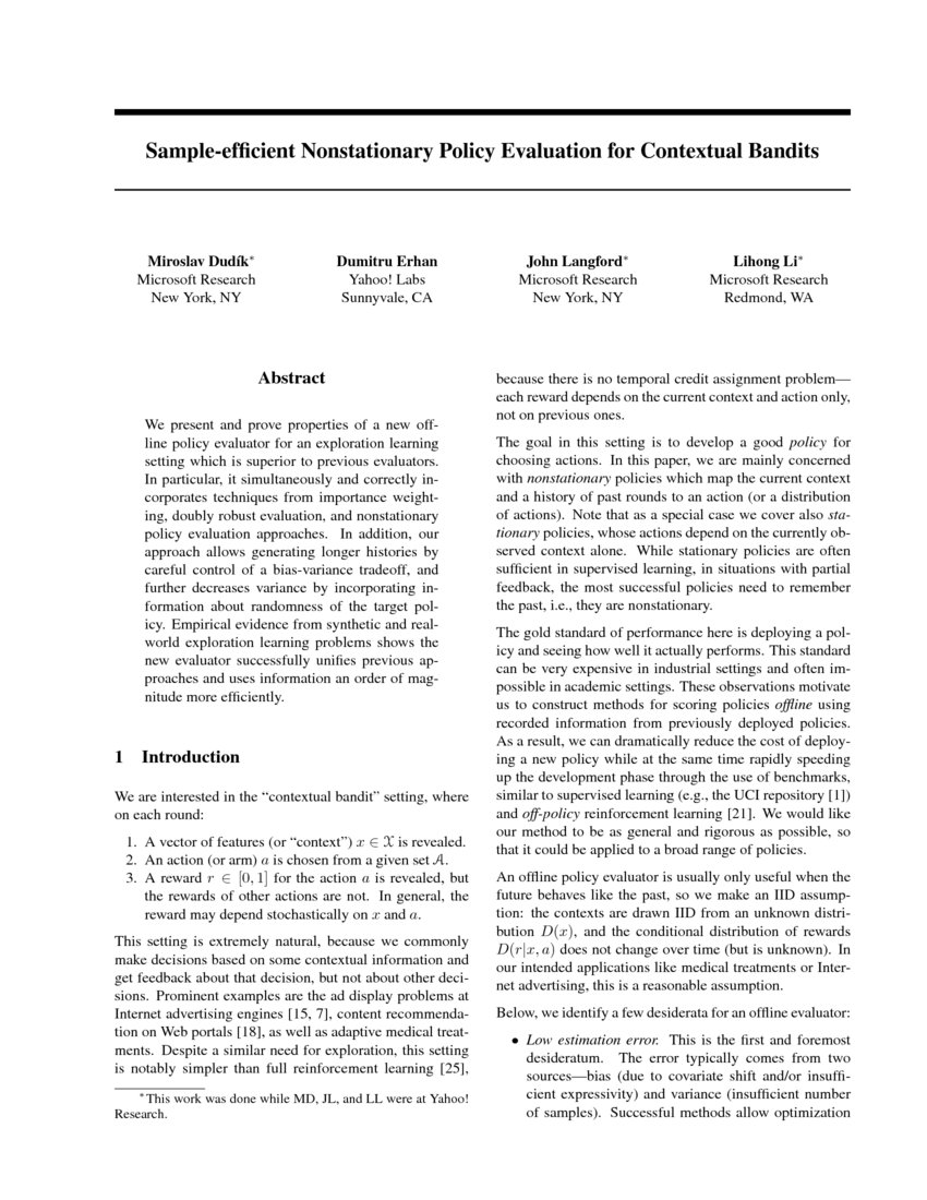 Sample-efficient Nonstationary Policy Evaluation for Contextual Bandits ...