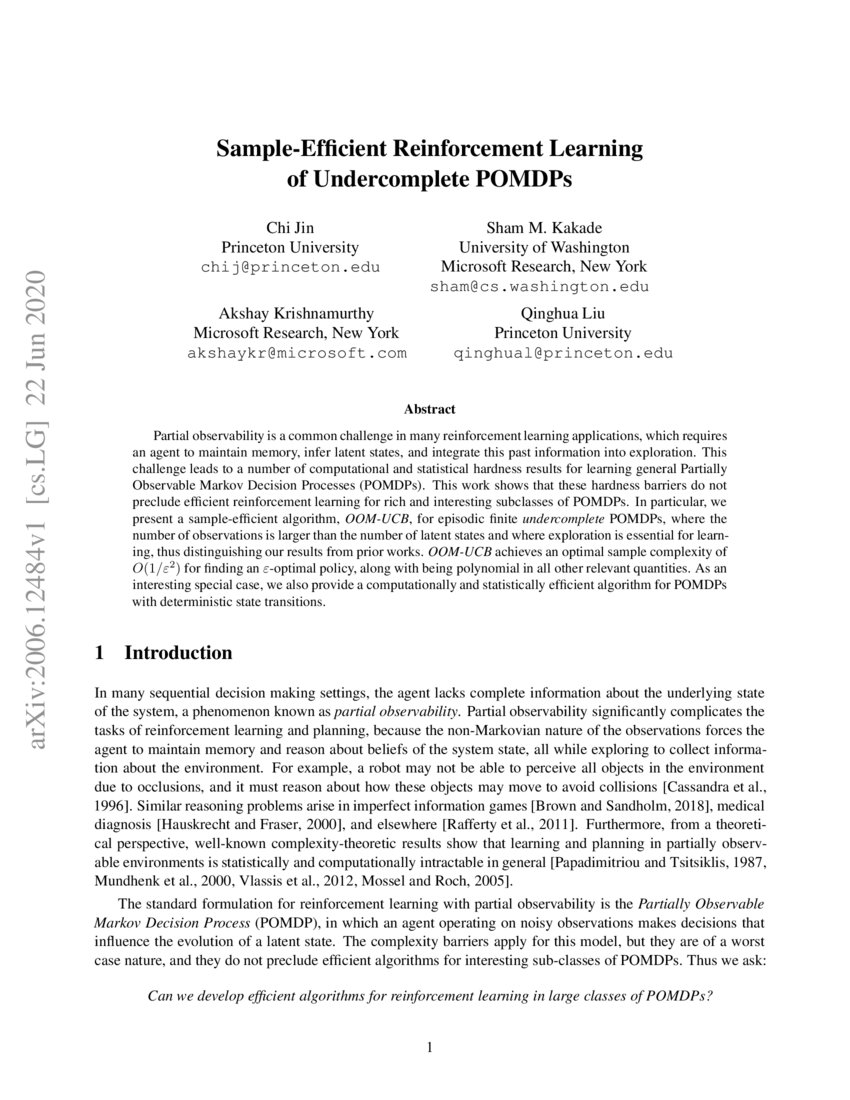 Sample Efficient Reinforcement Learning Of Undercomplete Pomdps Deepai
