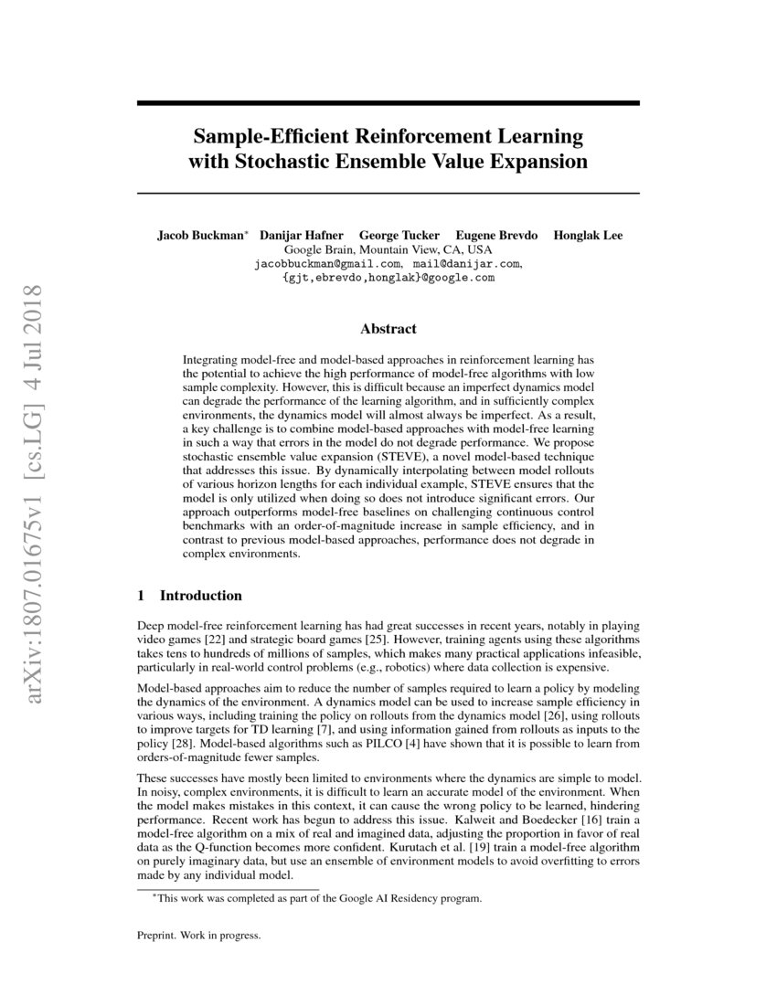 Sample-Efficient Reinforcement Learning with Stochastic Ensemble Value Expansion | DeepAI