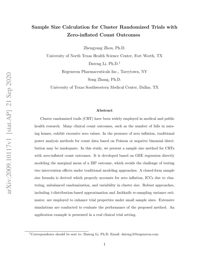 Sample Size Calculation For Cluster Randomized Trials With Zero