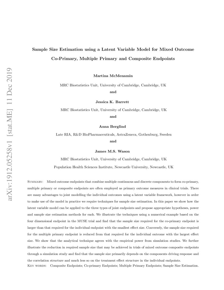 Sample Size Estimation Using A Latent Variable Model For Mixed Outcome Co Primary Multiple