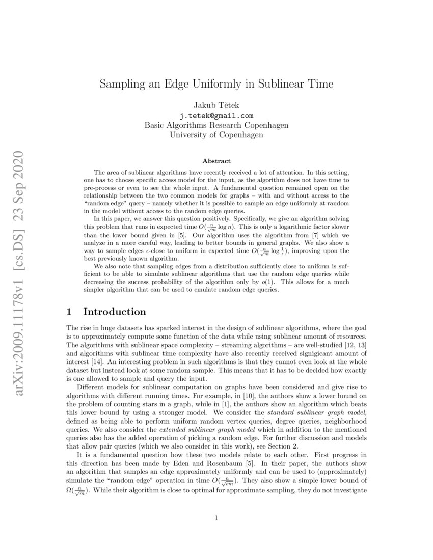 Sampling an Edge Uniformly in Sublinear Time | DeepAI
