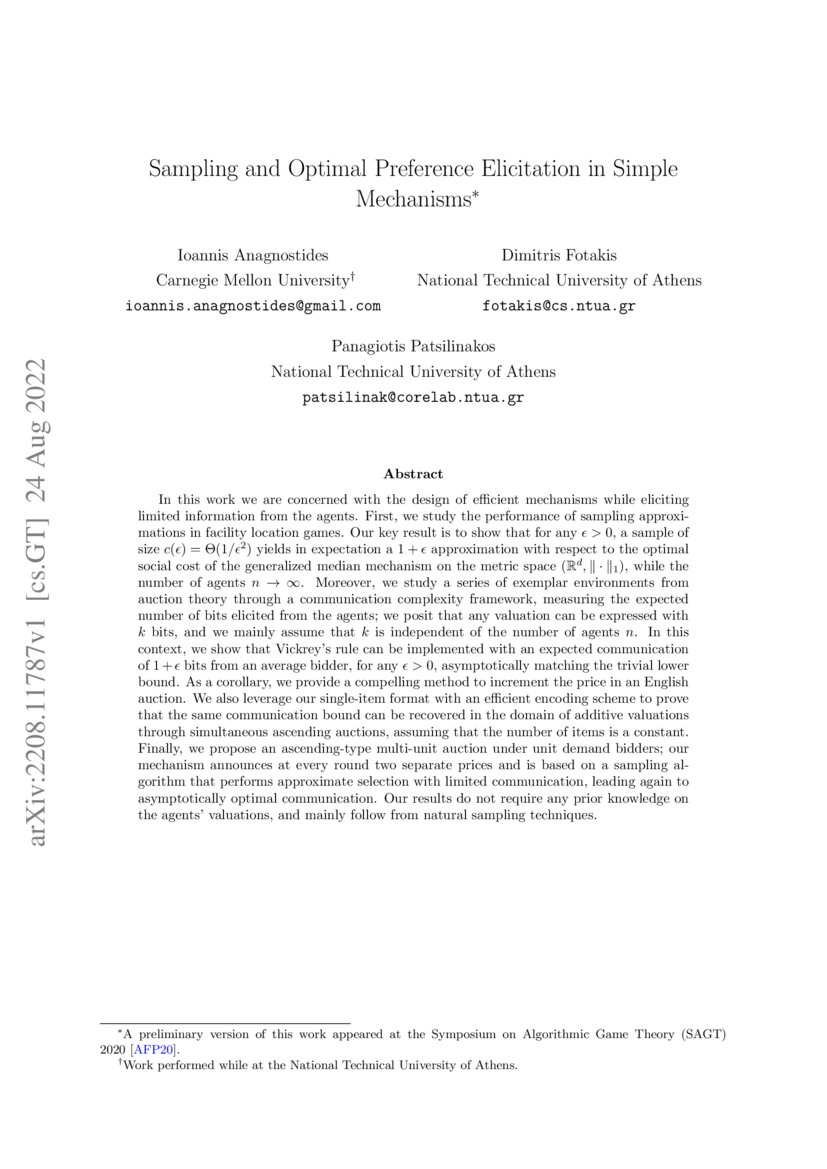 Sampling and Optimal Preference Elicitation in Simple Mechanisms | DeepAI