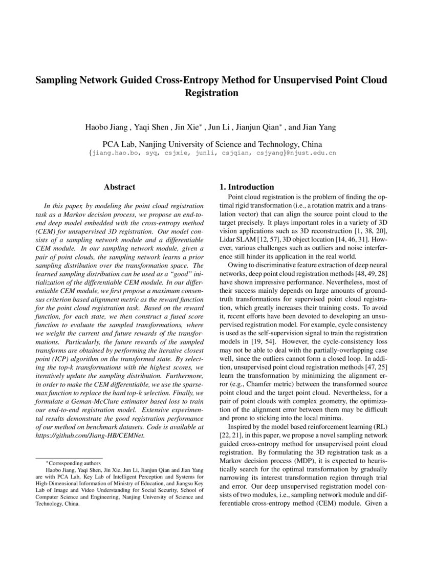 Sampling Network Guided Cross-Entropy Method for Unsupervised Point Cloud Registration | DeepAI