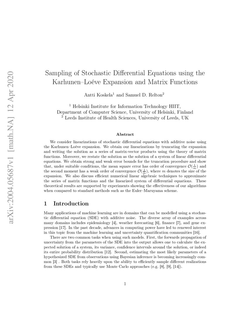 Sampling Of Stochastic Differential Equations Using The Karhunen Loève Expansion And Matrix