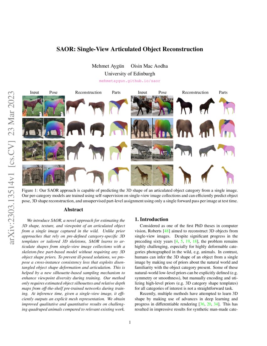 Saor Single View Articulated Object Reconstruction Deepai