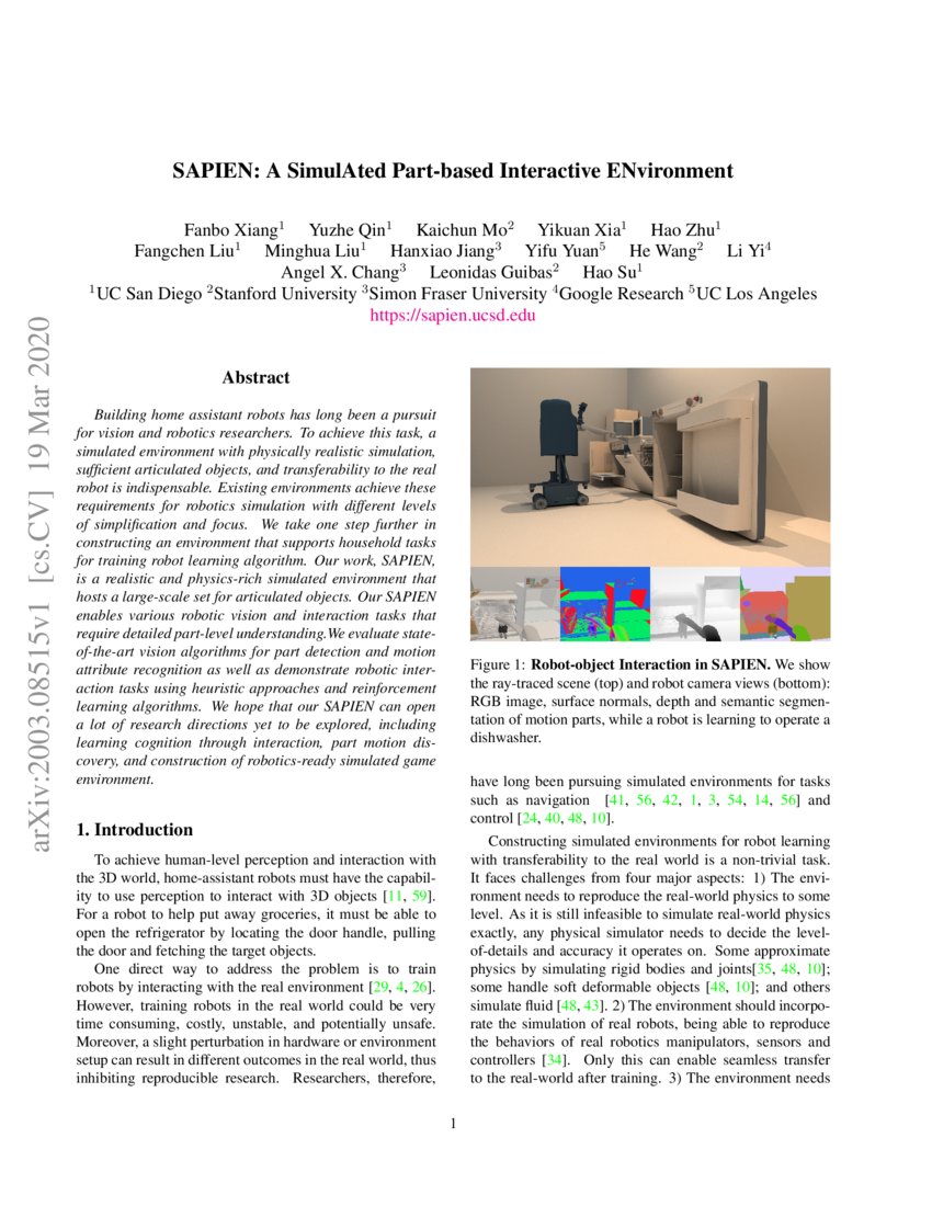SAPIEN: A SimulAted Part-based Interactive ENvironment | DeepAI