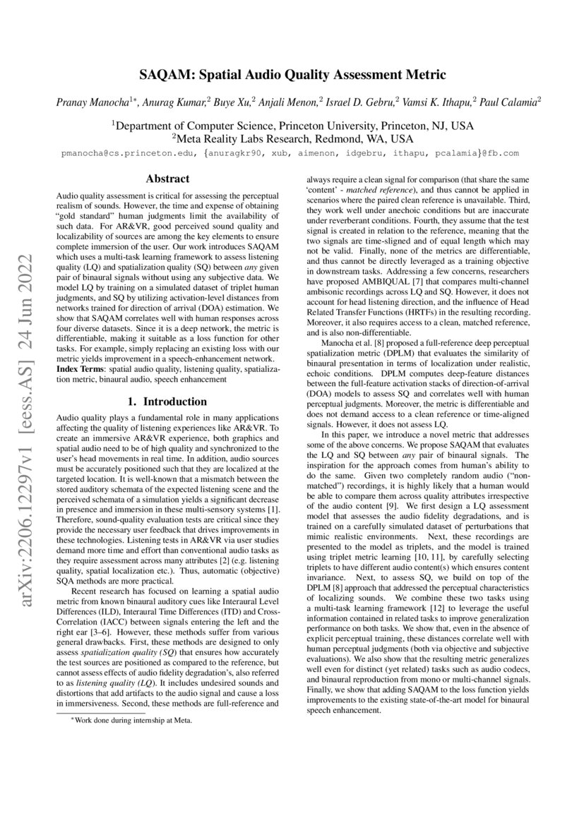 SAQAM: Spatial Audio Quality Assessment Metric | DeepAI