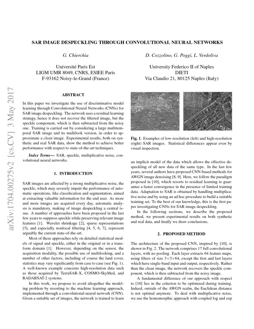 Sar Image Despeckling Through Convolutional Neural Networks Deepai