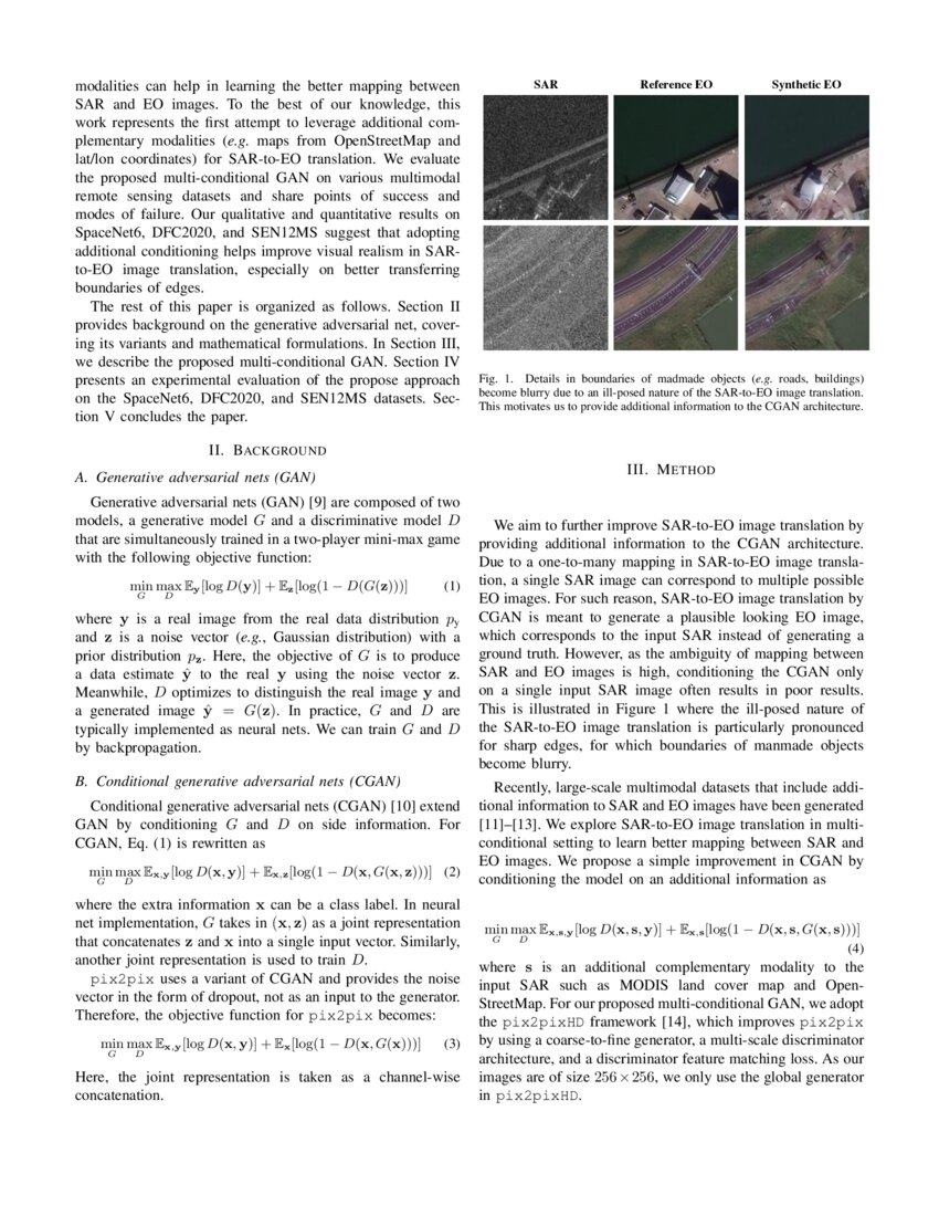 Sar To Eo Image Translation With Multi Conditional Adversarial Networks Deepai