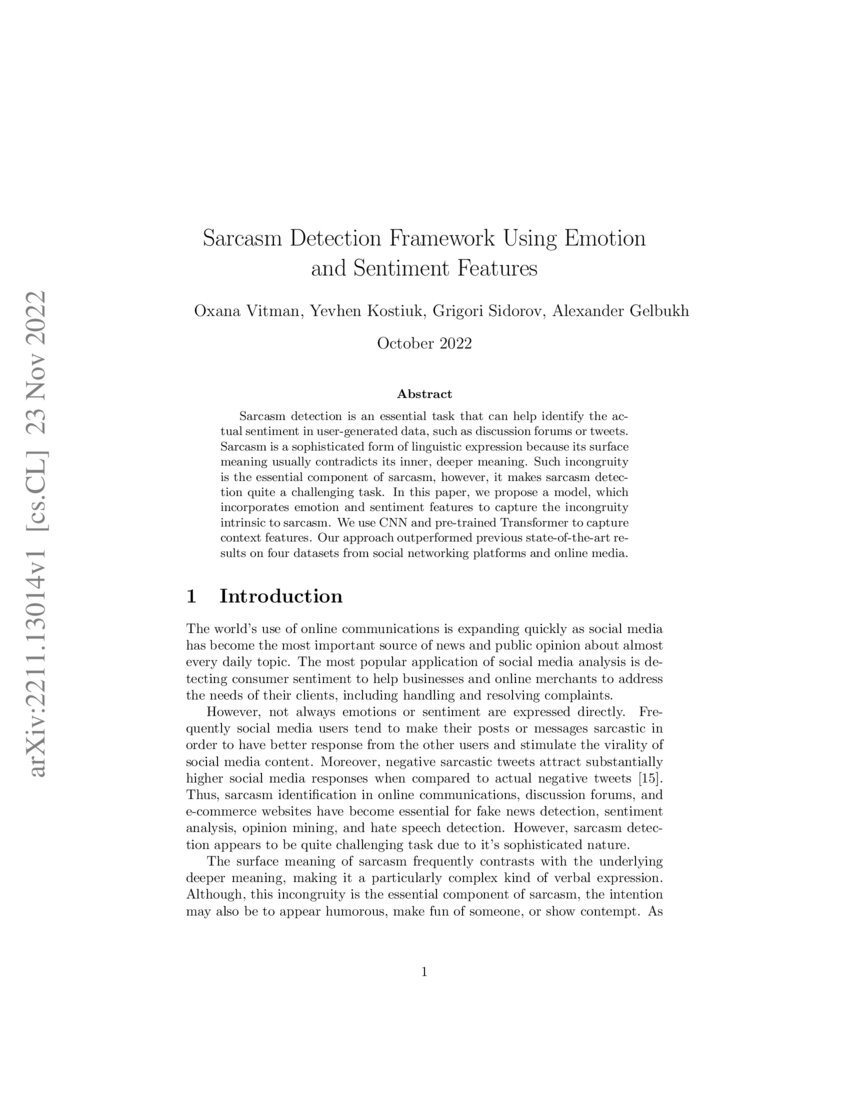 Sarcasm Detection Framework Using Emotion And Sentiment Features Deepai 6261