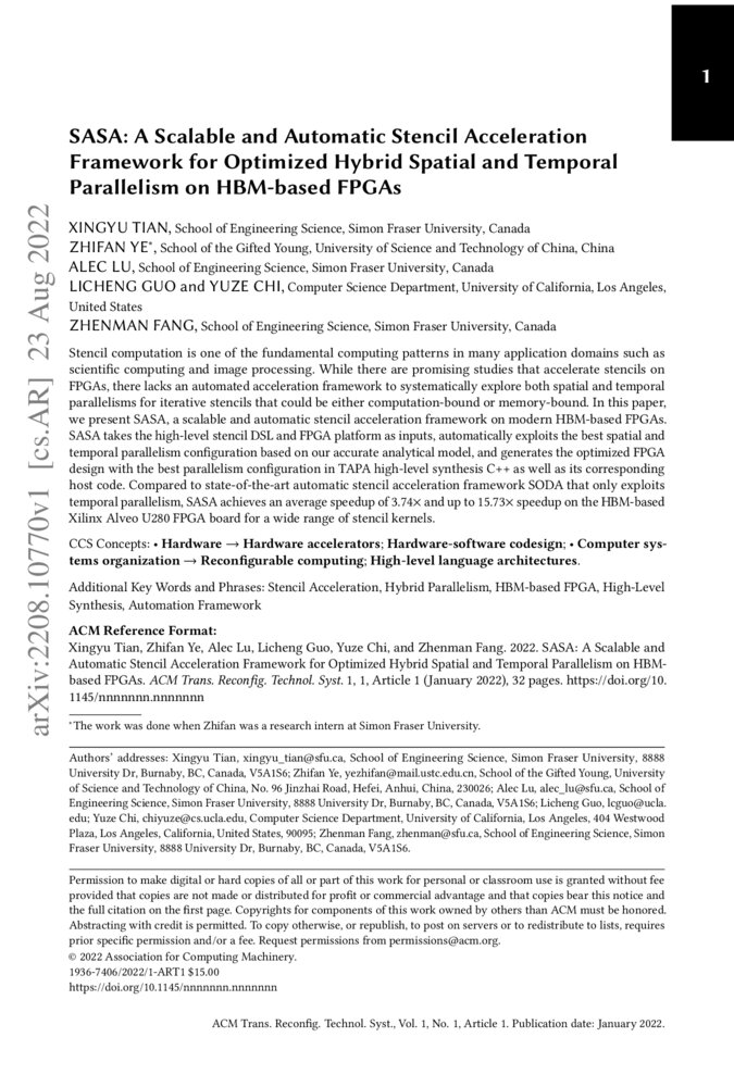 Sasa A Scalable And Automatic Stencil Acceleration Framework For Optimized Hybrid Spatial And 1865