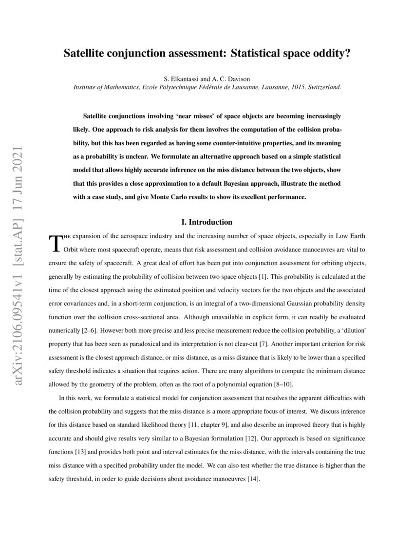 Satellite conjunction assessment: Statistical space oddity? | DeepAI