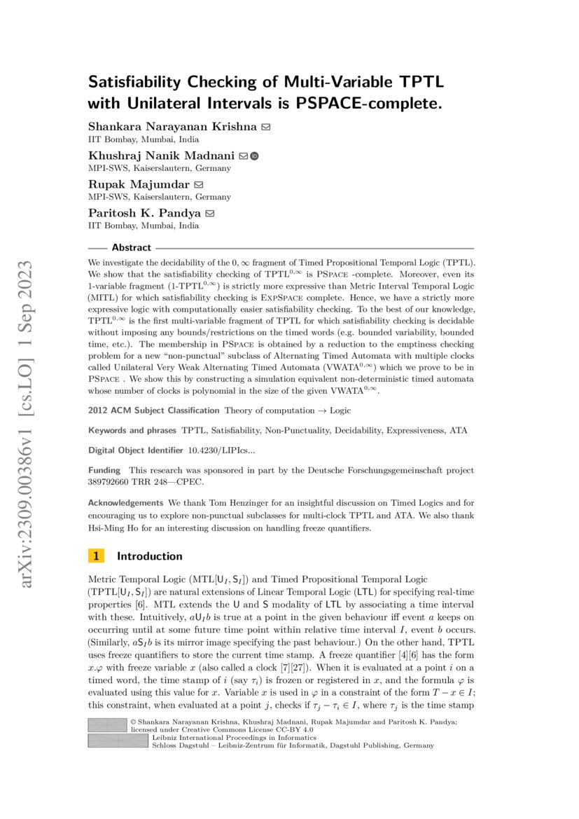 Satisfiability Checking of Multi-Variable TPTL with Unilateral Intervals Is PSPACE-Complete | DeepAI
