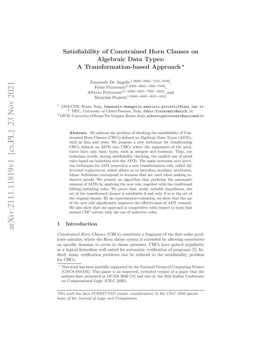Satisfiability of Constrained Horn Clauses on Algebraic Data Types: A Transformation-based ...