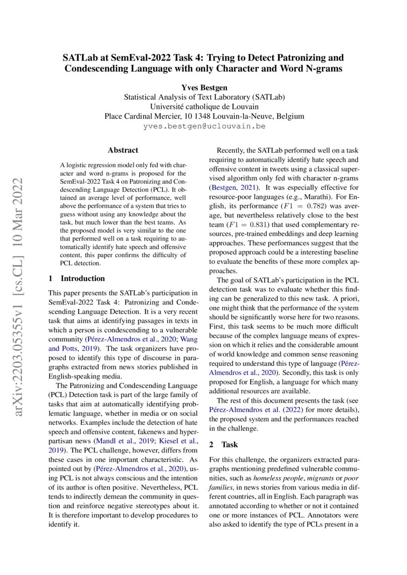 Satlab At Semeval 2022 Task 4 Trying To Detect Patronizing And Condescending Language With Only