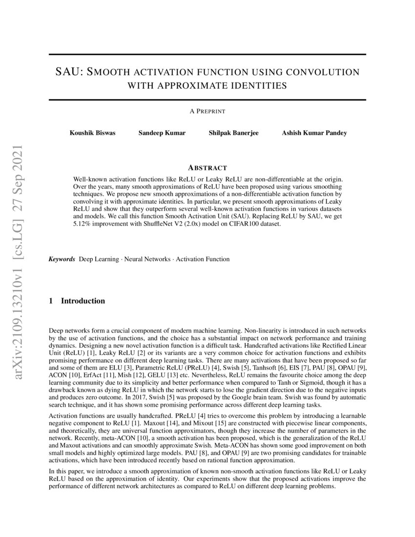 SAU: Smooth activation function using convolution with approximate identities | DeepAI