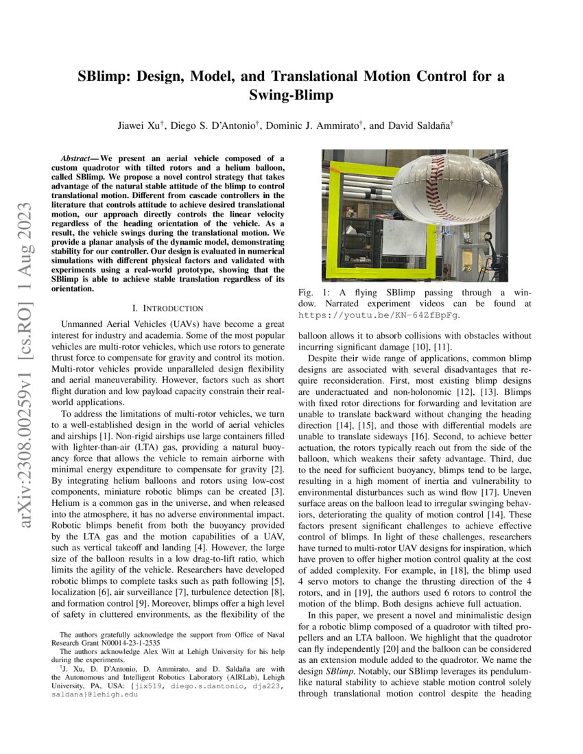 SBlimp: Design, Model, and Translational Motion Control for a Swing-Blimp | DeepAI