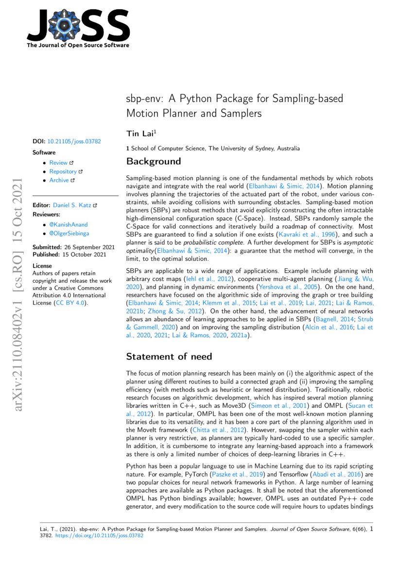 Sbp Env Sampling Based Motion Planners Testing Environment Deepai 