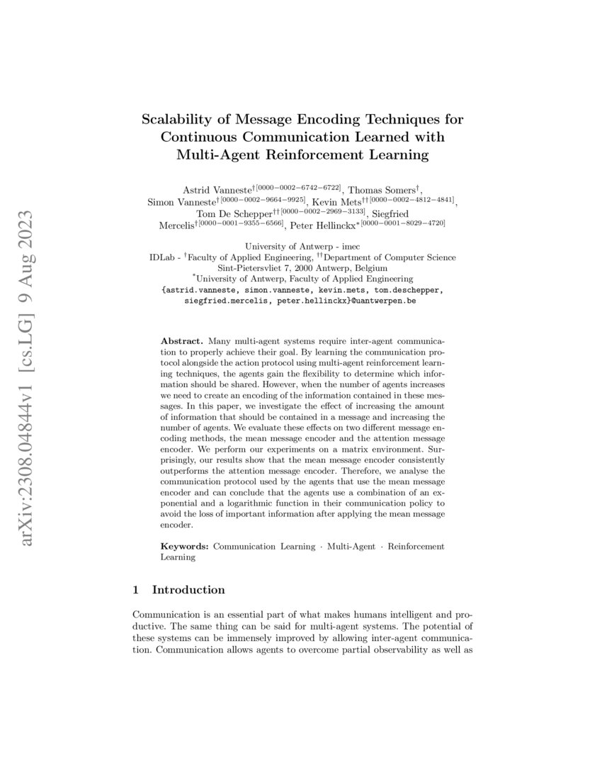 Scalability of Message Encoding Techniques for Continuous Communication Learned with Multi-Agent ...