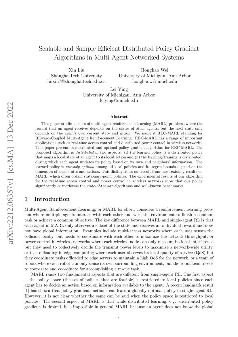 Scalable And Sample Efficient Distributed Policy Gradient Algorithms In Multi Agent Networked