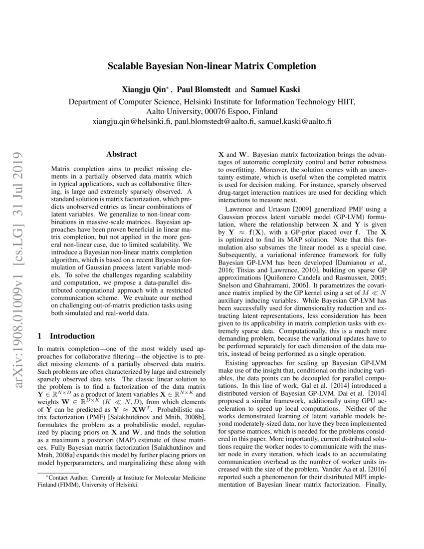 Scalable Bayesian Non-linear Matrix Completion | DeepAI