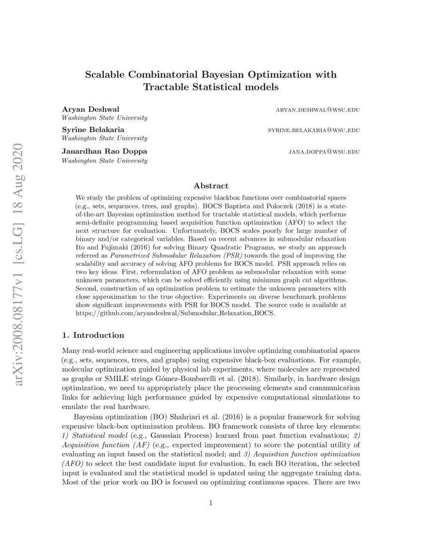 Scalable Combinatorial Bayesian Optimization With Tractable Statistical Models Deepai 