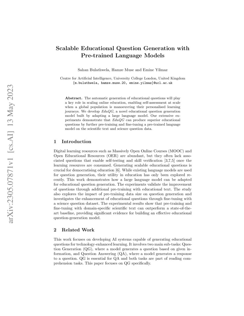 Scalable Educational Question Generation with Pre-trained Language Models | DeepAI