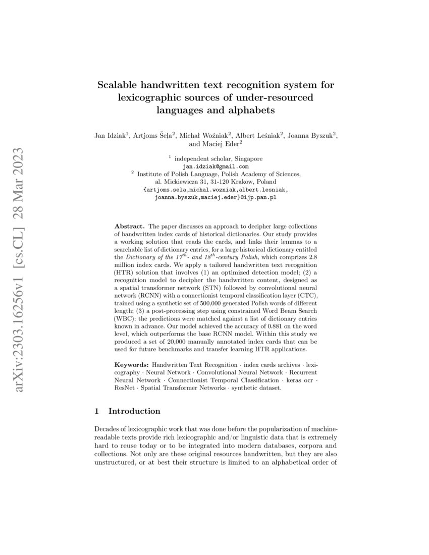 Scalable Handwritten Text Recognition System For Lexicographic Sources