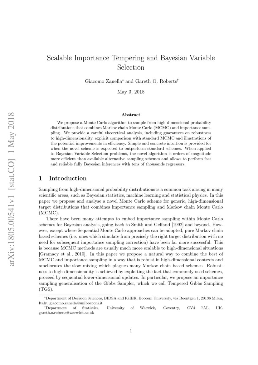 Scalable Importance Tempering and Bayesian Variable Selection | DeepAI Scalable Importance Tempering and Bayesian Variable Selection | DeepAI