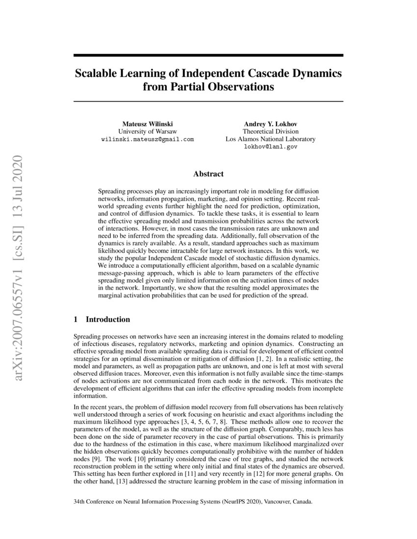 Scalable Learning of Independent Cascade Dynamics from Partial ...