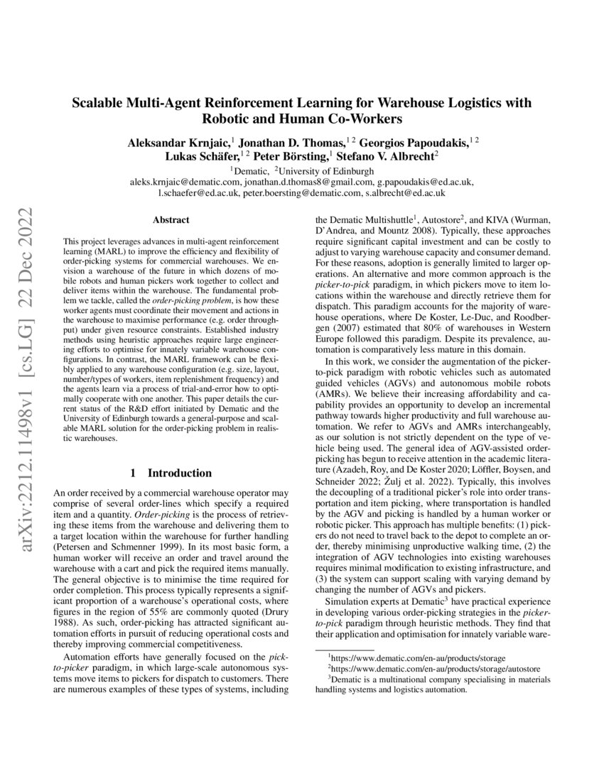 Scalable Multi Agent Reinforcement Learning For Warehouse Logistics